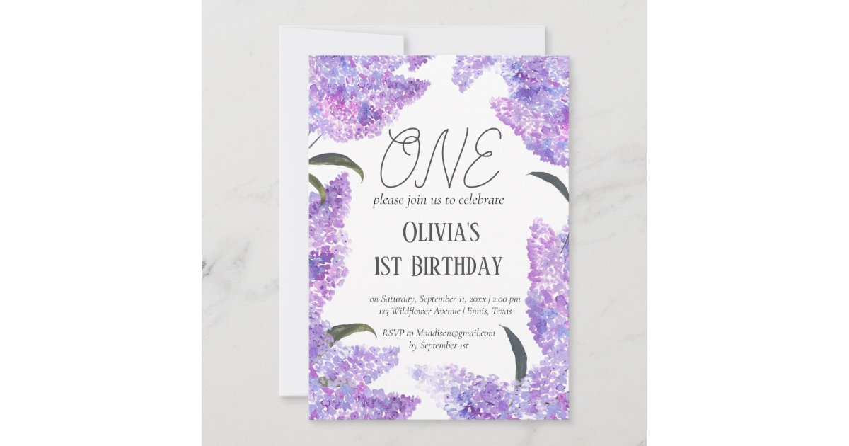 Rustic Lilac First Birthday Wildflower Birthday Invitation | Zazzle