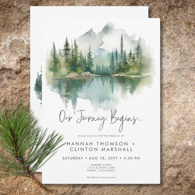Rustic Mountain Lake Scene Watercolor Wedding Invitation | Zazzle
