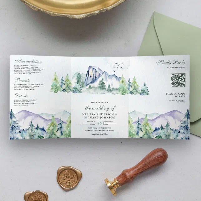 Rustic Mountain Pine Trees Forest QR Code Wedding Tri-Fold Invitation ...