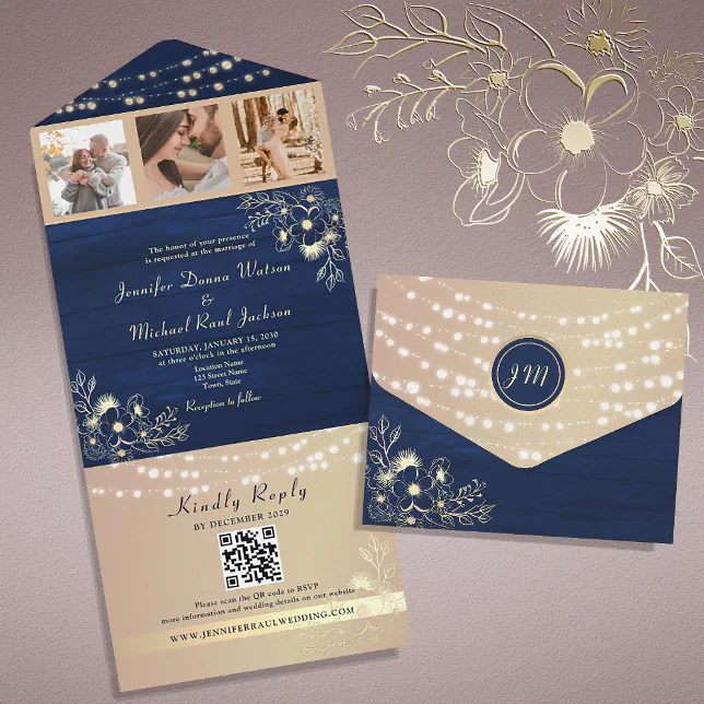 Rustic Navy Wedding QR Code Invitation | Zazzle