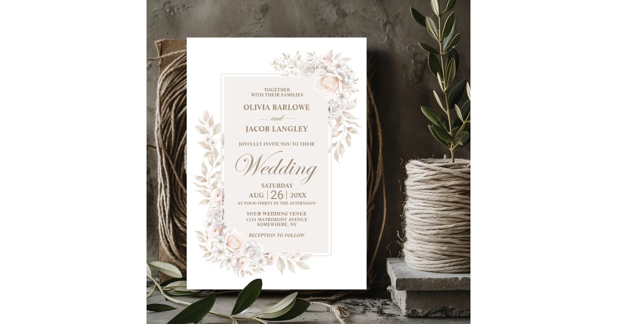 Rustic Neutral Floral Wedding Invitation | Zazzle