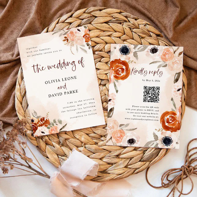 Rustic Orange Boho Watercolor RSVP QR Code Wedding Invitation | Zazzle