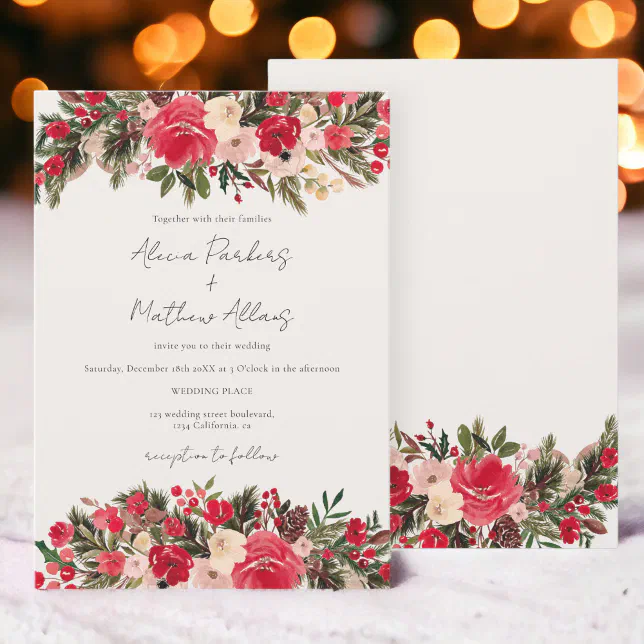 Rustic Red green Floral Winter Wedding Invitation | Zazzle