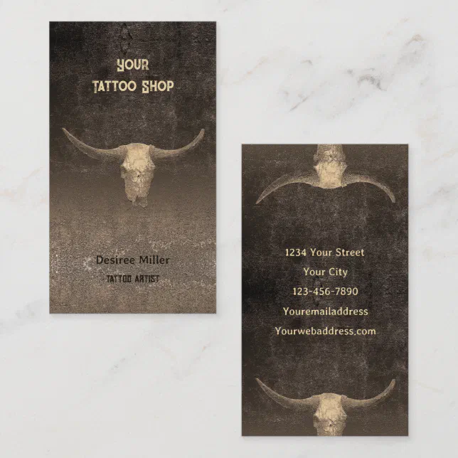 Rustic Rodeo Brown Texture Tattoo Shop Bull Skull Business Card | Zazzle
