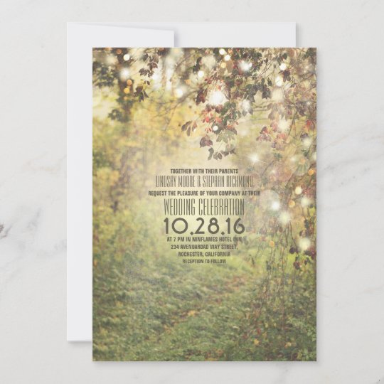 Rustic string lights trees path wedding invitation | Zazzle.co.uk