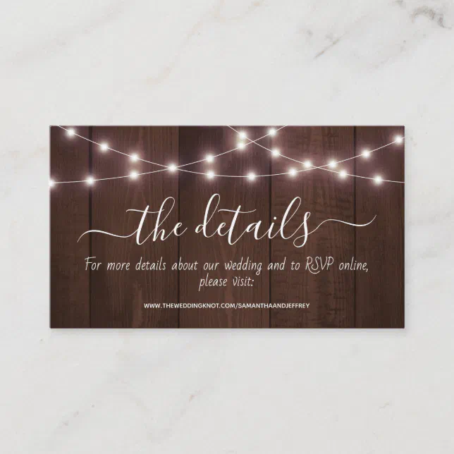 Rustic String Lights Wedding Details Enclosure Business Card | Zazzle