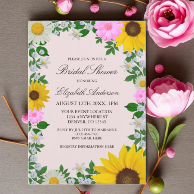Rustic Sunflower Daisy Floral Bridal Shower Invitation | Zazzle