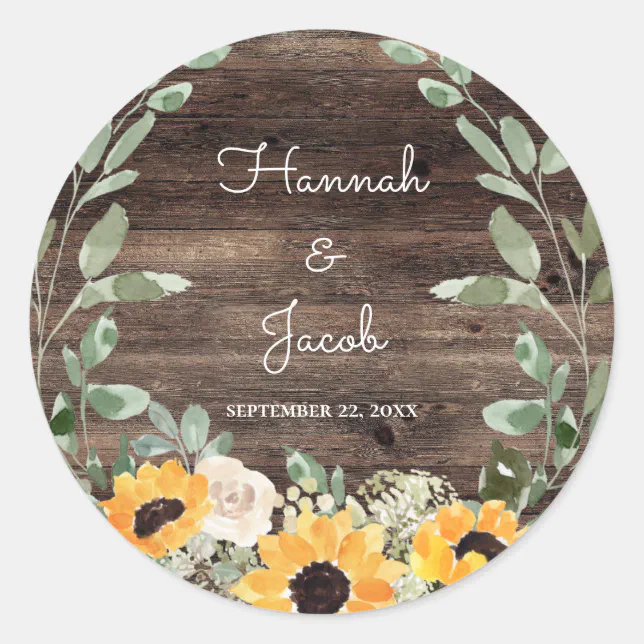 Rustic Sunflower Eucalyptus Wedding Favour Classic Round Sticker | Zazzle