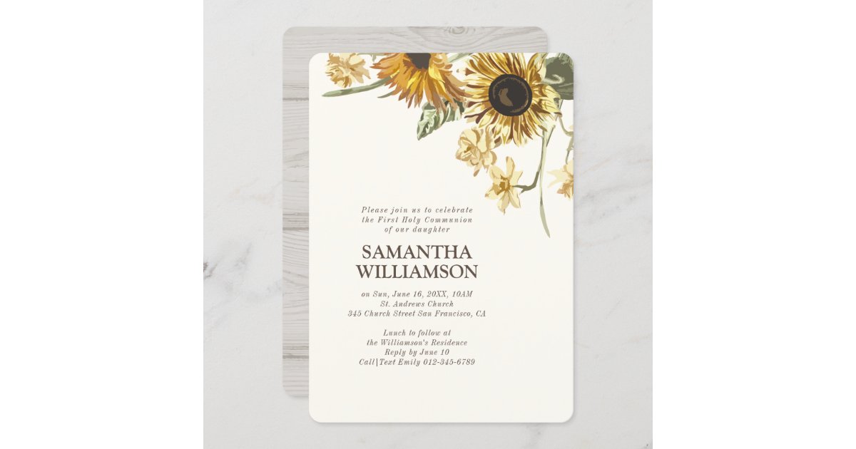 Rustic Sunflower Floral First Communion Invitation | Zazzle