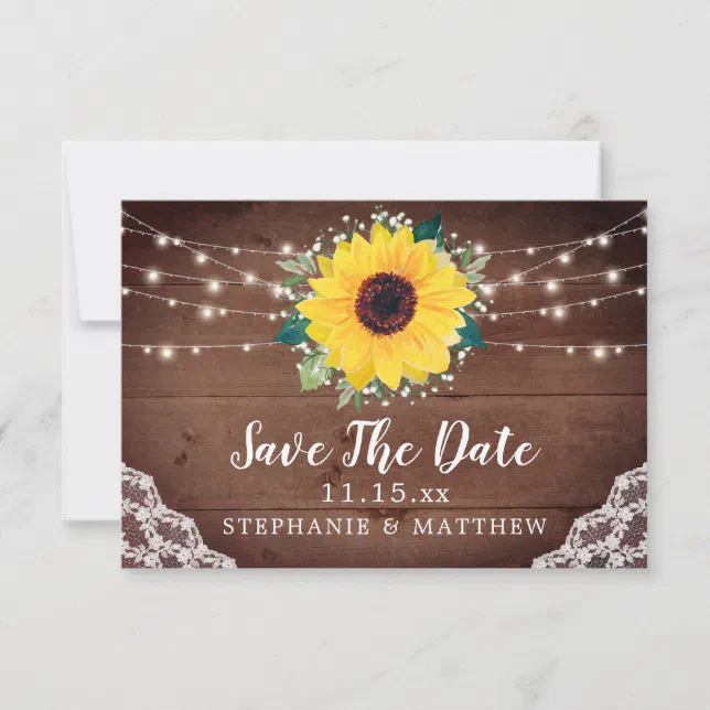 Rustic Sunflower Lace Babys Breath Lights Wedding Save The Date | Zazzle