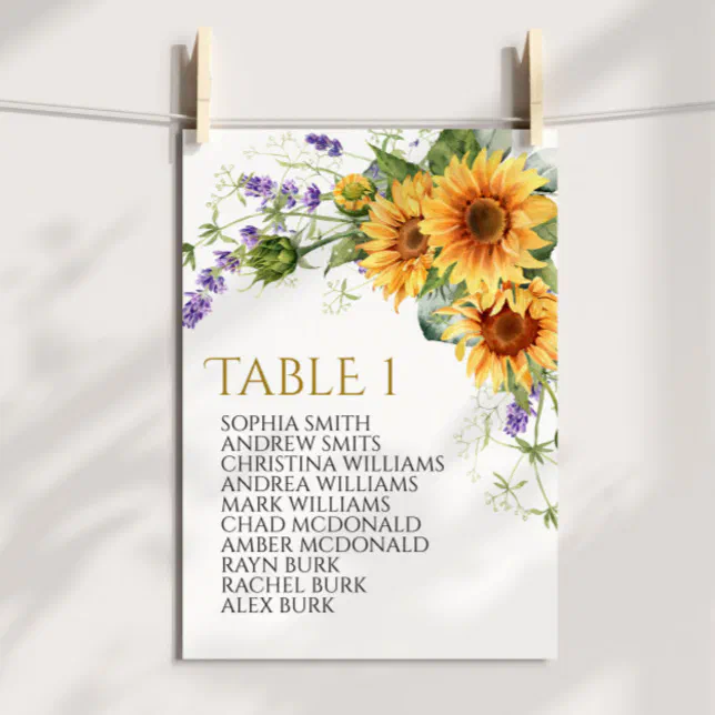 Rustic Sunflowers Table Number 1 Seating Chart | Zazzle