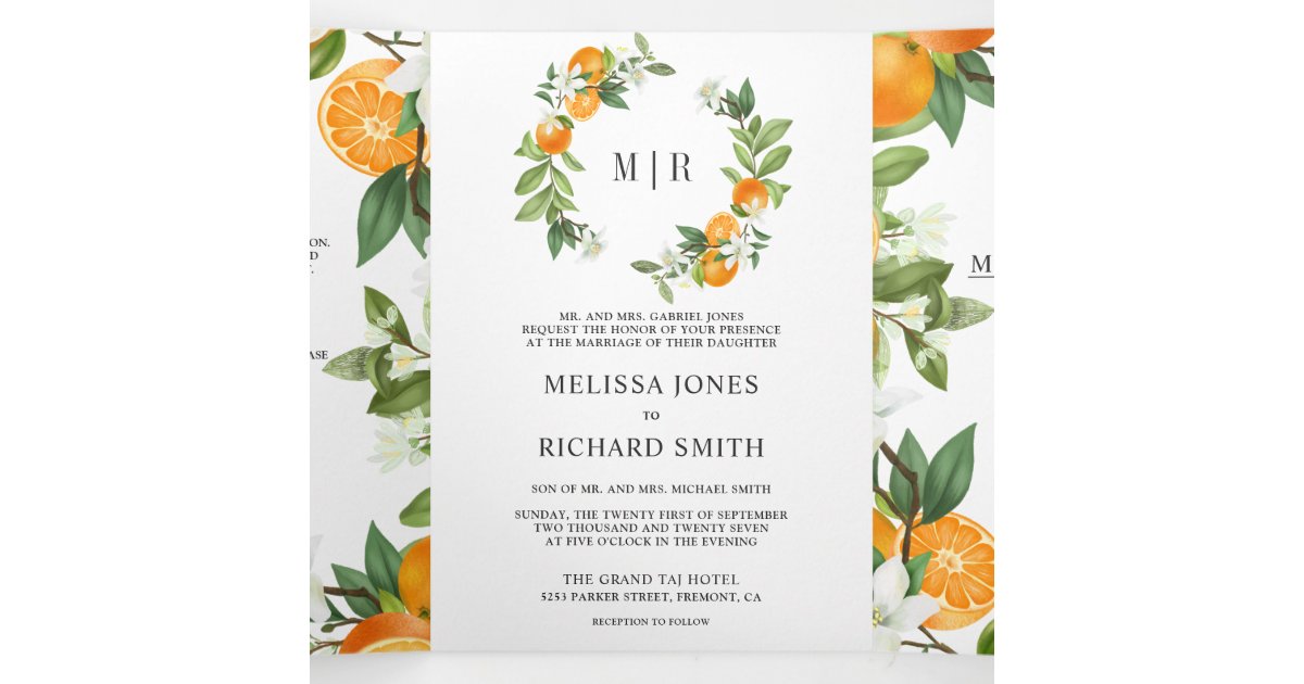 Rustic Tangerine Citrus Orange All in One Wedding Tri-Fold Invitation ...