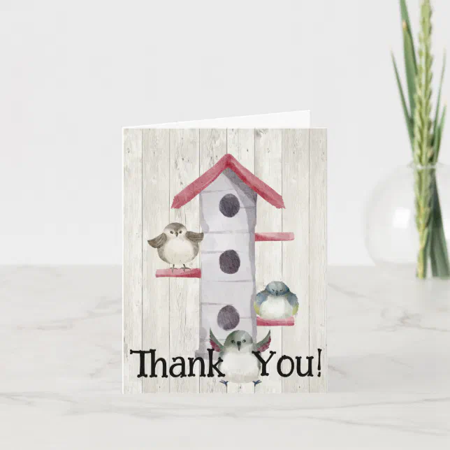 Rustic Watercolor Birds and Birdhouse Thank You Card | Zazzle