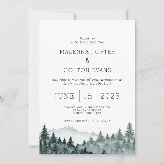 Rustic Watercolor Mountain Pine Tree Wedding Invitation | Zazzle