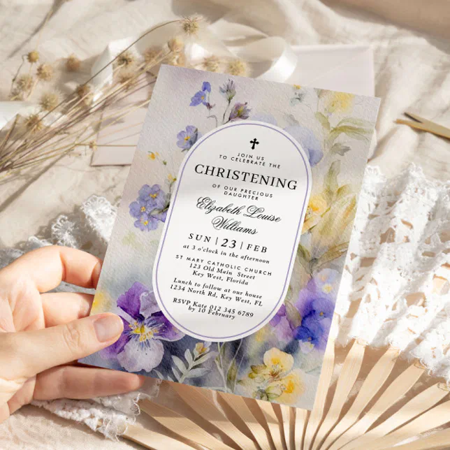 Rustic Watercolor Purple & Yellow Christening Invitation | Zazzle