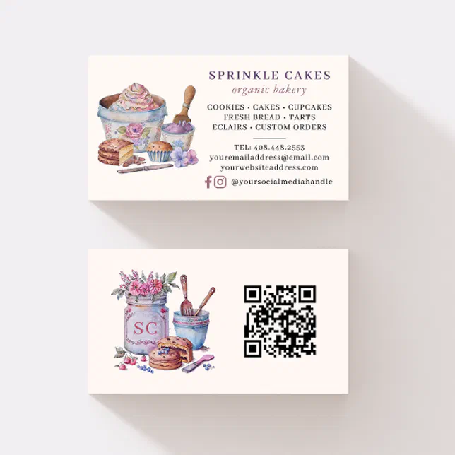 Rustic Watercolor QR Code Bakery Business Card | Zazzle