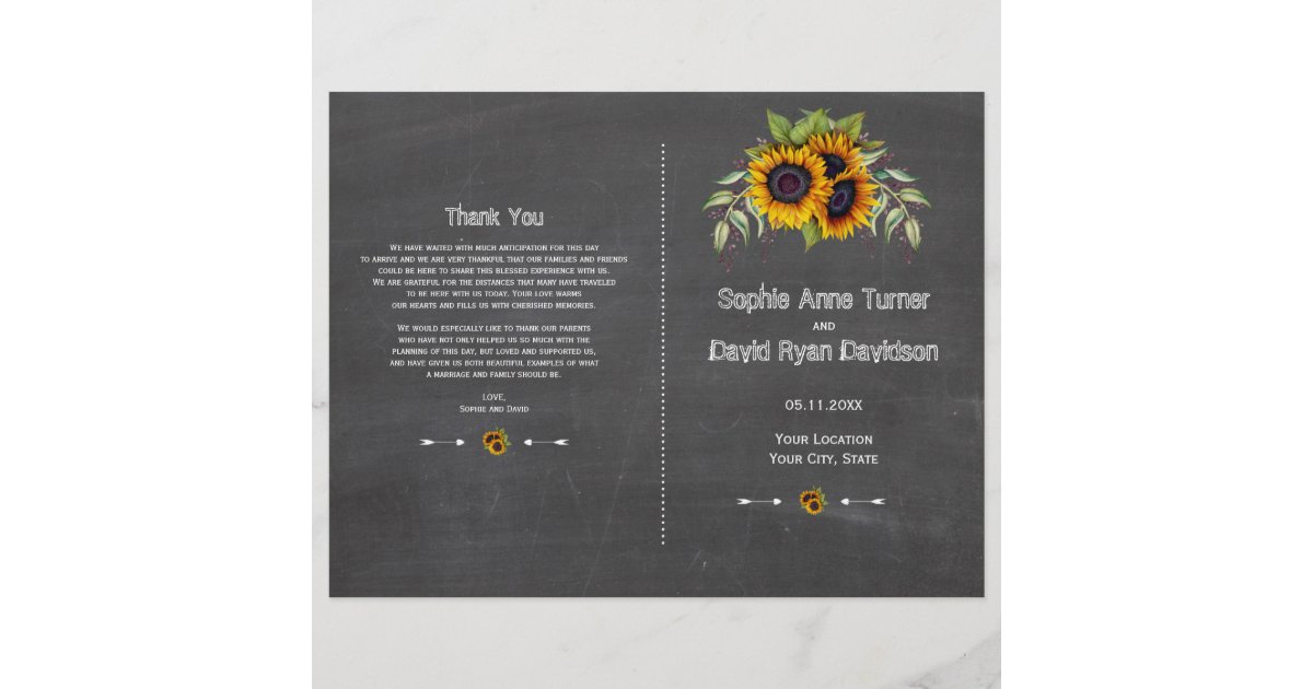 Rustic Watercolor Sunflowers Chalk Wedding Program Flyer | Zazzle