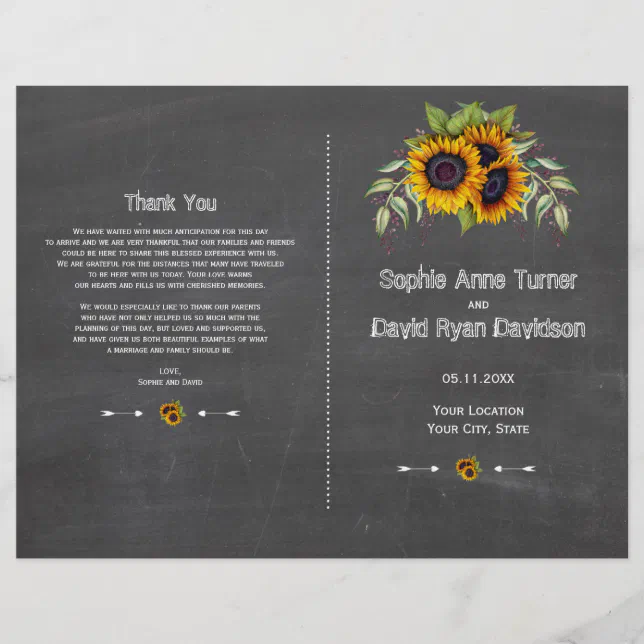 Rustic Watercolor Sunflowers Chalk Wedding Program Flyer | Zazzle