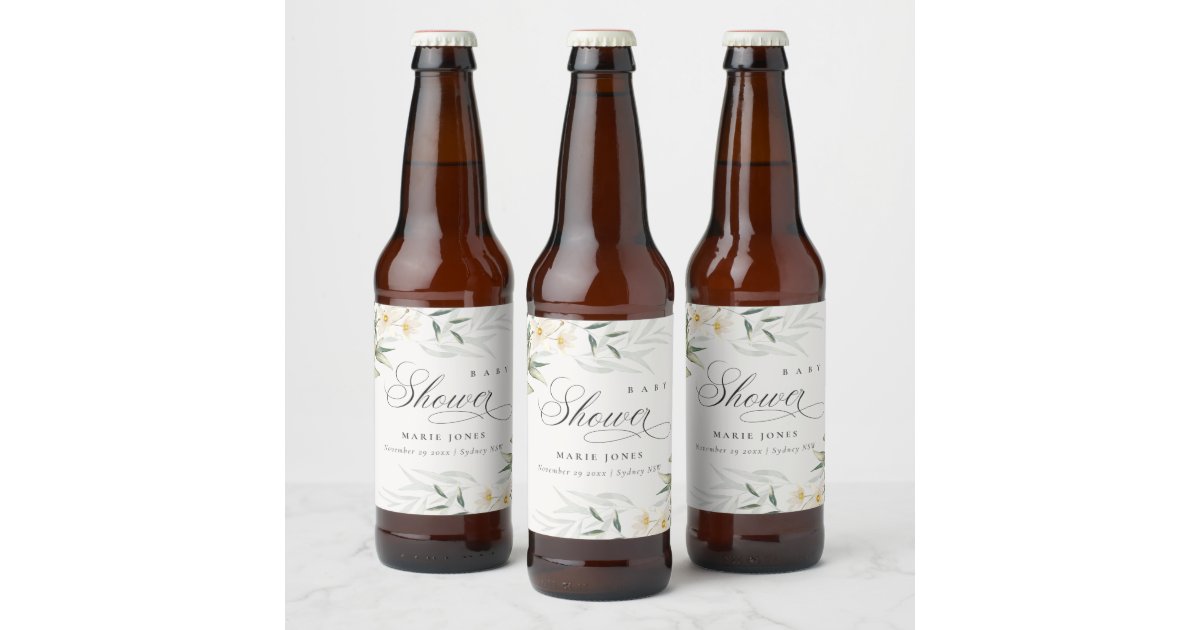 Rustic White Greenery Floral Bunch Baby Shower Beer Bottle Label | Zazzle