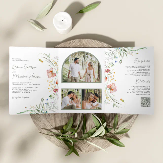 Rustic Wildflower Photo Collage QR Code Wedding Tri-Fold Invitation ...