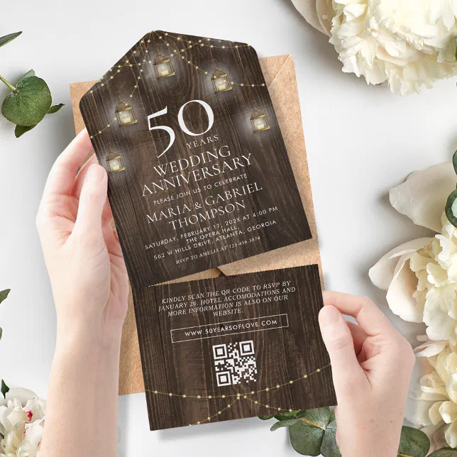 Rustic Wood 50th Wedding Anniversary All In One Invitation | Zazzle