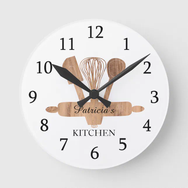 Rustic Wood Baking Utensils Custom Name Kitchen Round Clock | Zazzle