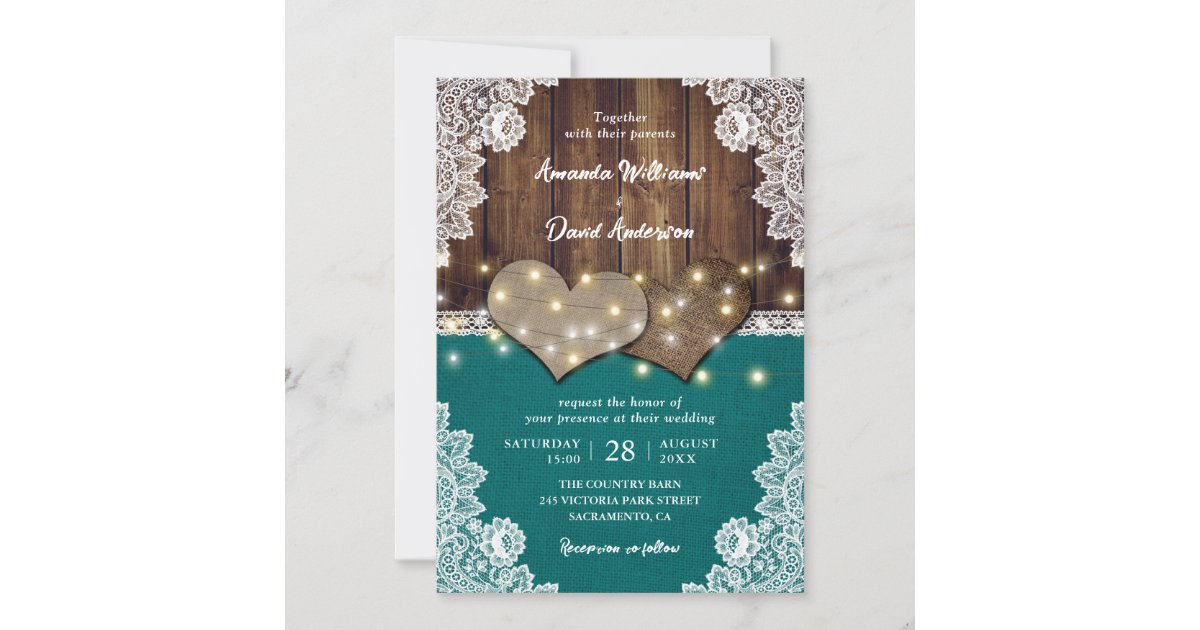 Rustic Wood Burlap Lace Teal Wedding Invitations | Zazzle