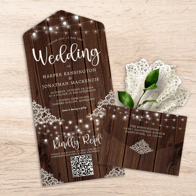 Rustic Wood Lace String Lights Wedding QR Code All In One Invitation ...