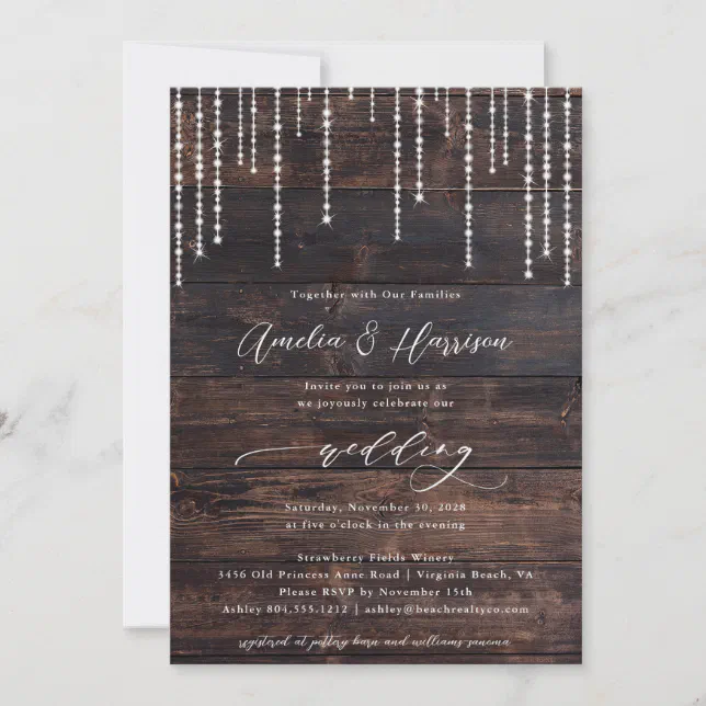 Rustic Wood String Lights Wedding Invitation | Zazzle