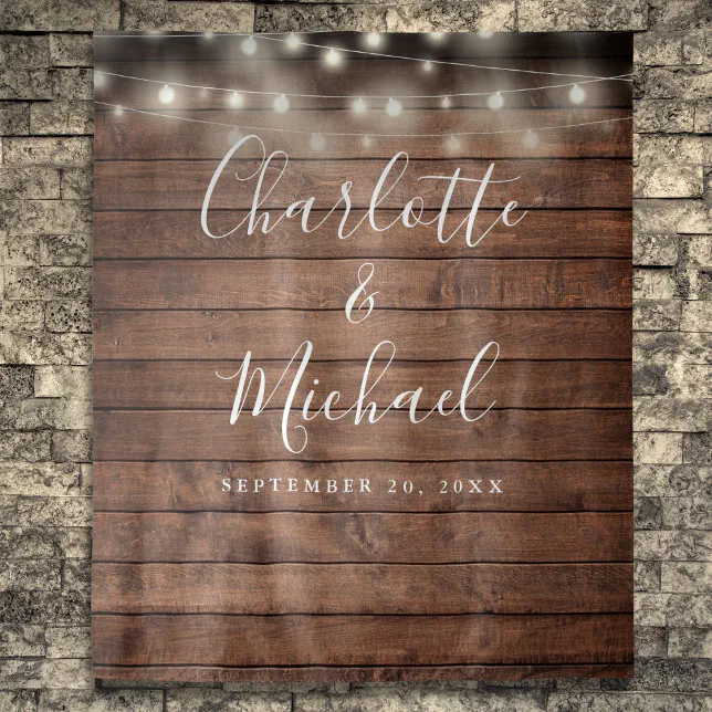 Rustic Wood String Lights Wedding Photo Backdrop Tapestry | Zazzle