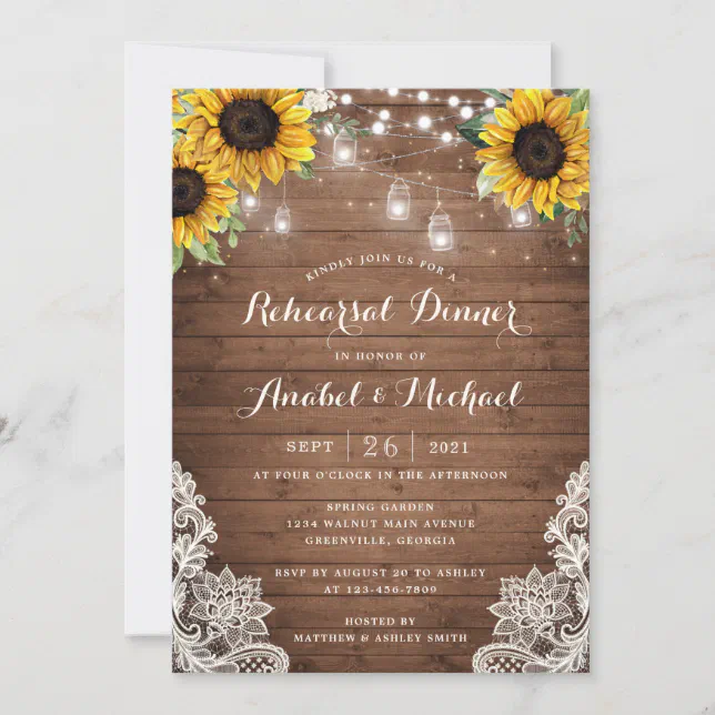 Rustic Wood Sunflower String Light Lace Mason Jars Invitation | Zazzle