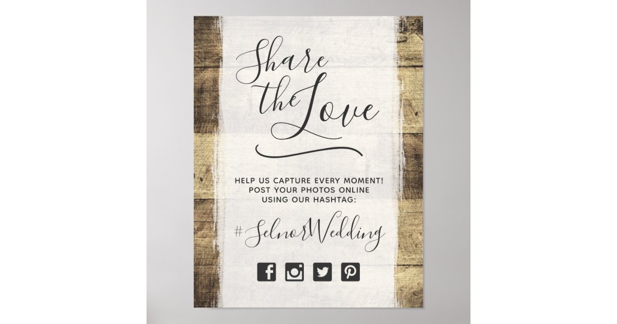 Rustic Wood Vintage Country Wedding Hashtag Photo Poster | Zazzle
