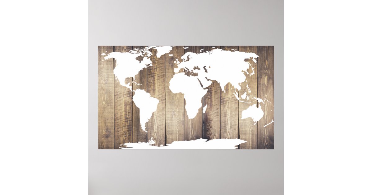 Rustic Wooden Planks White World Map Poster | Zazzle
