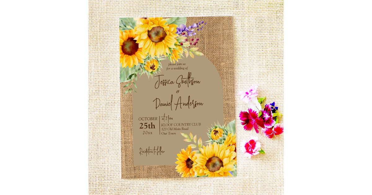 Rustic yellow sunflowers arch burlap background invitation | Zazzle