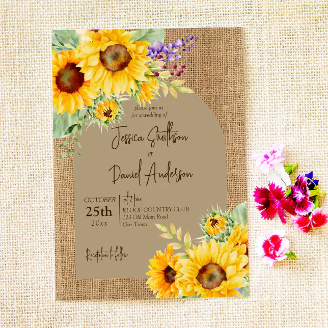Rustic yellow sunflowers arch burlap background invitation | Zazzle