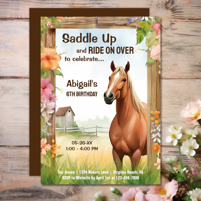 Saddle Up Pretty Horse and Flowers Birthday Invitation | Zazzle
