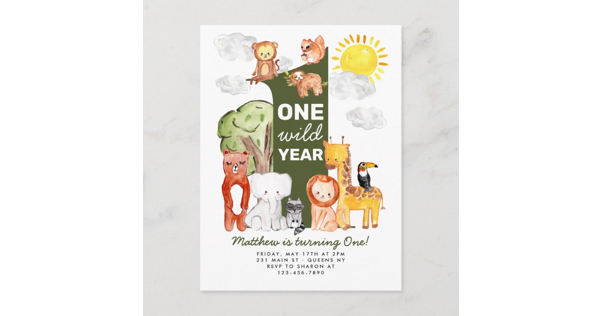 Safari Forest Animals ONE Wild Year Kids Birthday Postcard | Zazzle