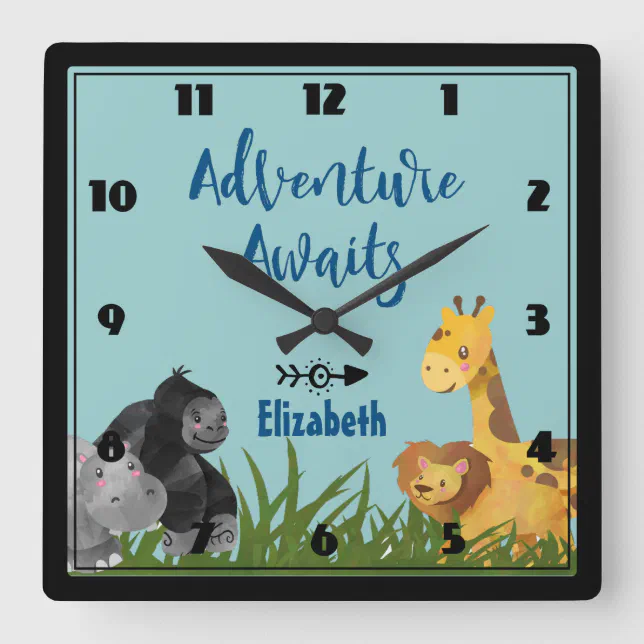 Safari Jungle Animal Illustration Adventure Awaits Square Wall Clock ...