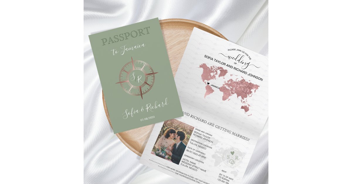 Sage Destination Passport Rose Gold Compass Invitation | Zazzle
