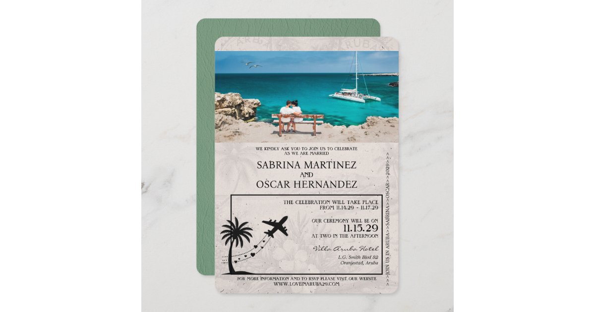 Sage Green Aruba Passport Wedding Invitation | Zazzle