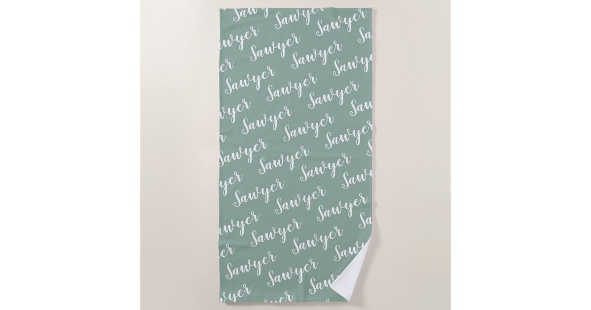 Sage Green Calligraphy Personalised Repeat Name Beach Towel | Zazzle