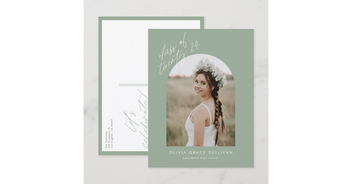 Sage Green Class of 2024 Arch Photo Graduation Invitation Postcard | Zazzle