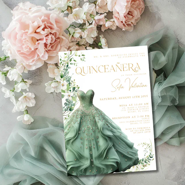 Sage Green Dress Gown Floral Princess Quinceañera Invitation | Zazzle