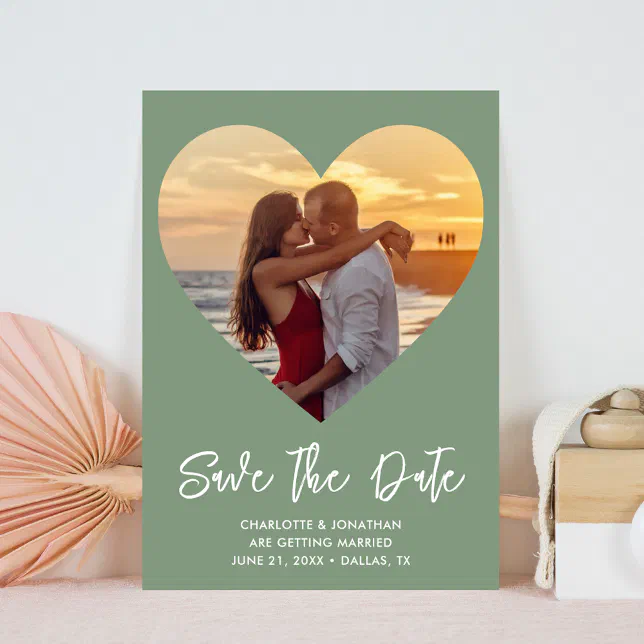 Sage Green Heart Cutout For Wedding Photo Save The Date | Zazzle