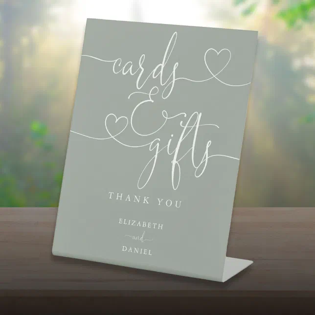 Sage Green Heart Script Cards And Gifts Pedestal Sign | Zazzle