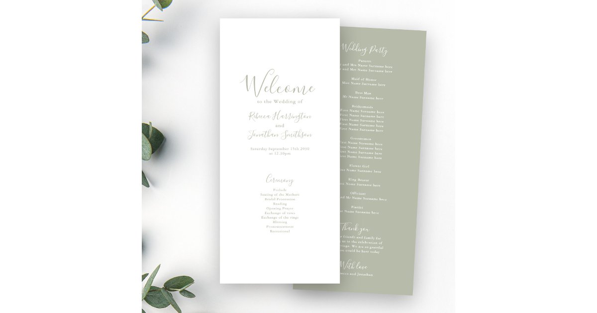 Sage Green Modern Elegant Wedding Program Card | Zazzle