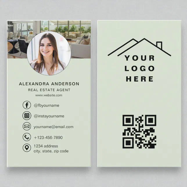 Sage Green QR Code Real Estate Agent Photo Logo Business Card | Zazzle