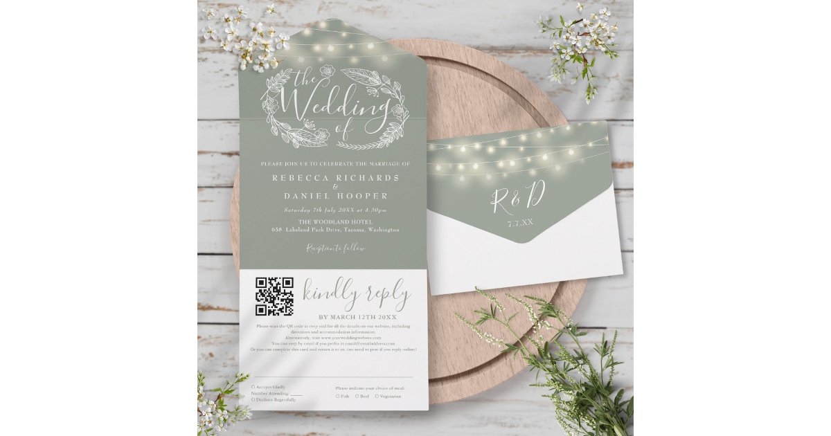 Sage Green String Lights Floral QR Code Wedding All In One Invitation ...