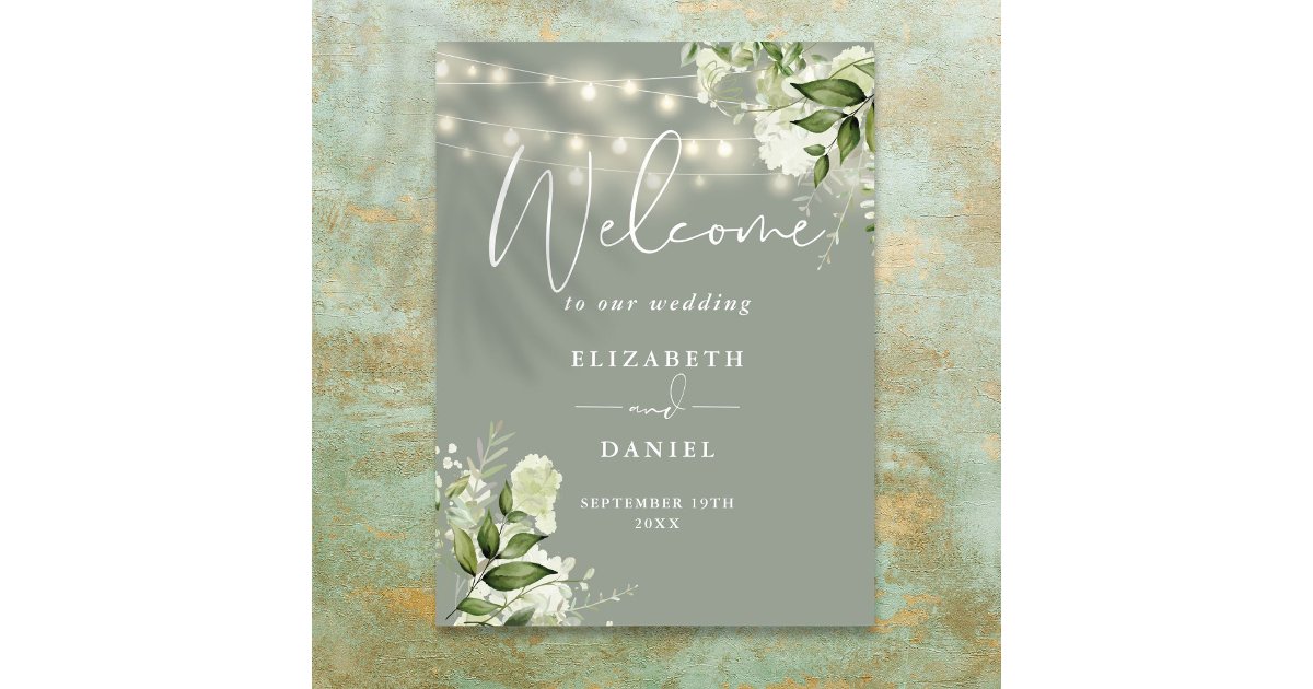 Sage Green String Lights Floral Wedding Welcome Poster | Zazzle