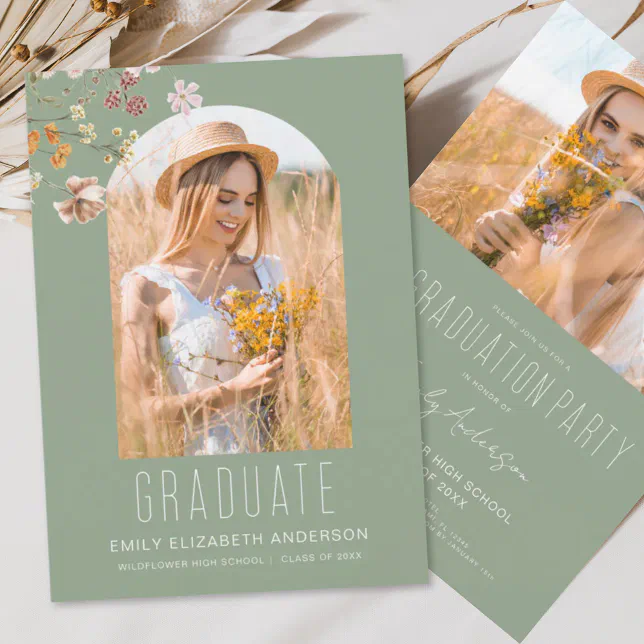 Sage Green Wildflower Graduation Party Arch Photo Invitation | Zazzle